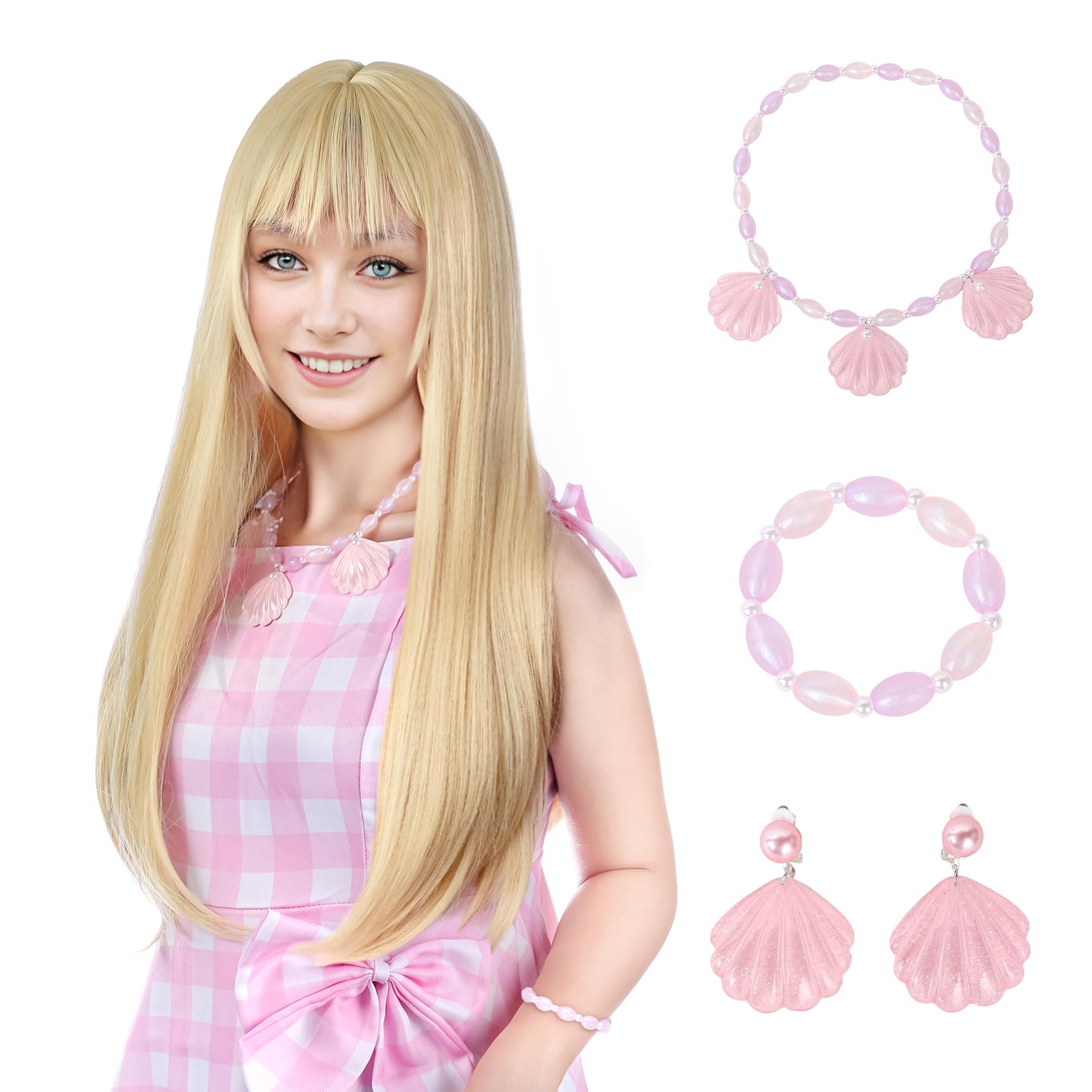 MUPUL Long Straight Wig With Bangs Blonde Barbie Wig Adult Halloween Costume Wigs For Women
