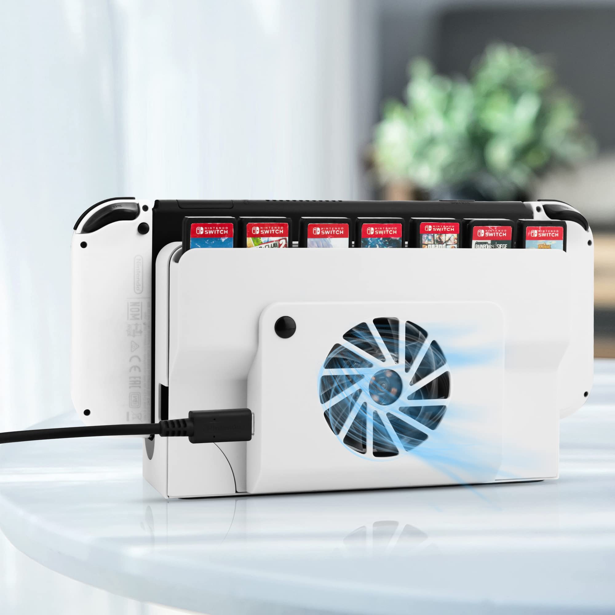 RHOTALL Cooling Fan Compatible with Nintendo Switch OLED Dock, Cooler Replacement for Switch OLED, Heat Dissipation Dock Replacement for Switch OLED with Fan, LED Light, Game Card Slots - White