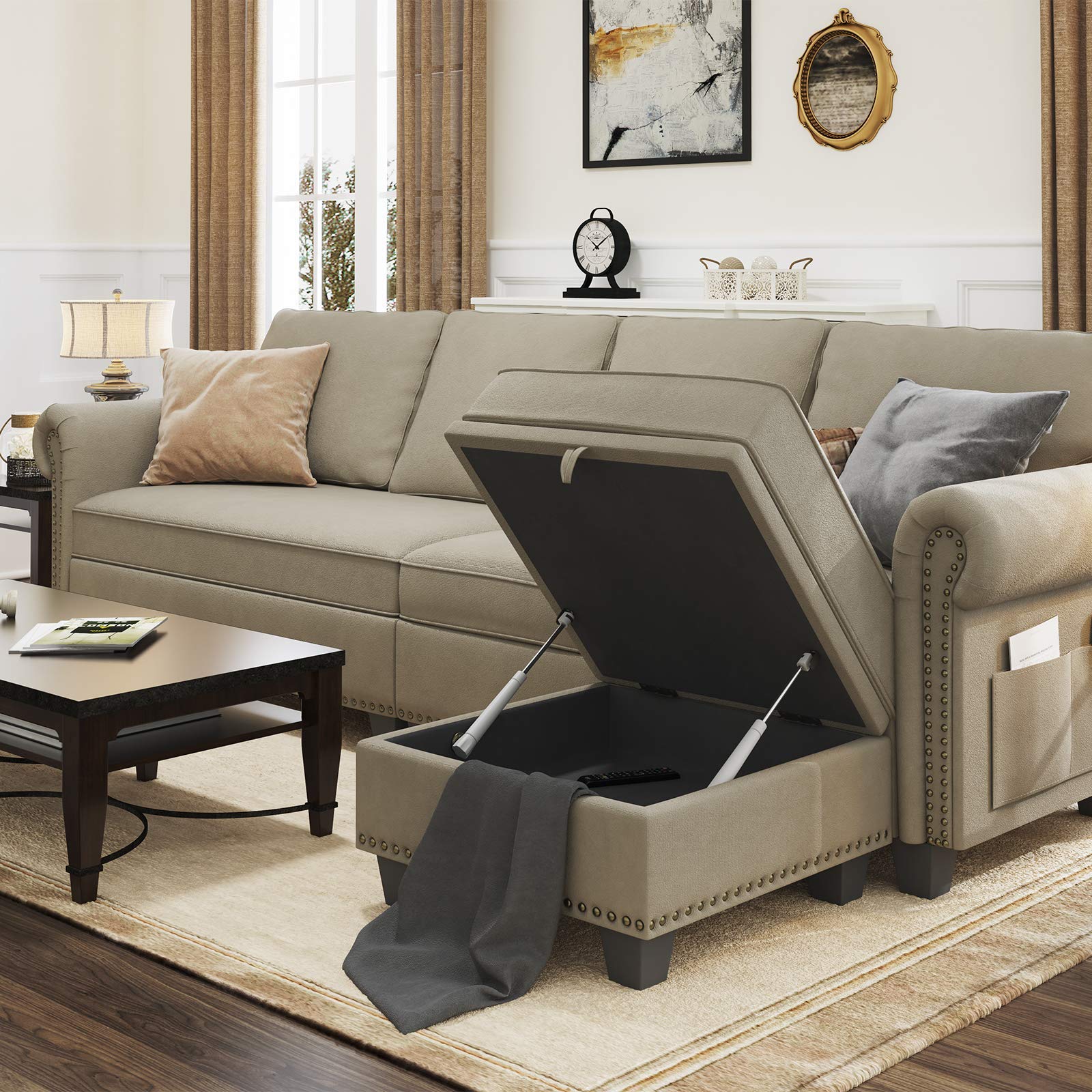 Nolany Convertible Sectional Sofa Couch, L Shaped Sectional Sofa, Reversible Sectional Couch for Small Apartment, Dark Khaki