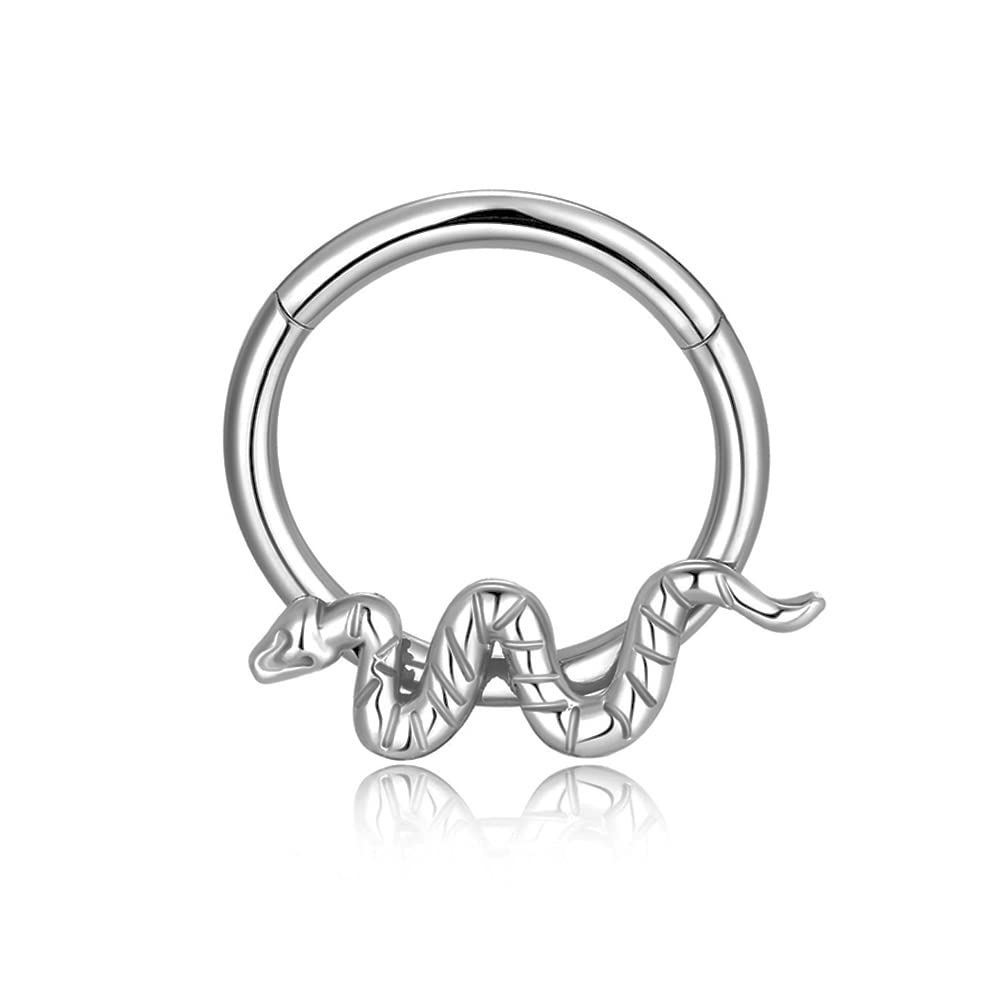 Snake Nose Ring 16G Septum Rings Clicker Stainless Steel Daith Cartilage Rook Tragus Sleeper Tiny Small Hoop Earrings Cute Segment Ring Hinged Helix Mini Conch Huggie Hoops Punk Personalized Animal Piercing Body Jewelry Gifts 1 Pc (gold 8mm)