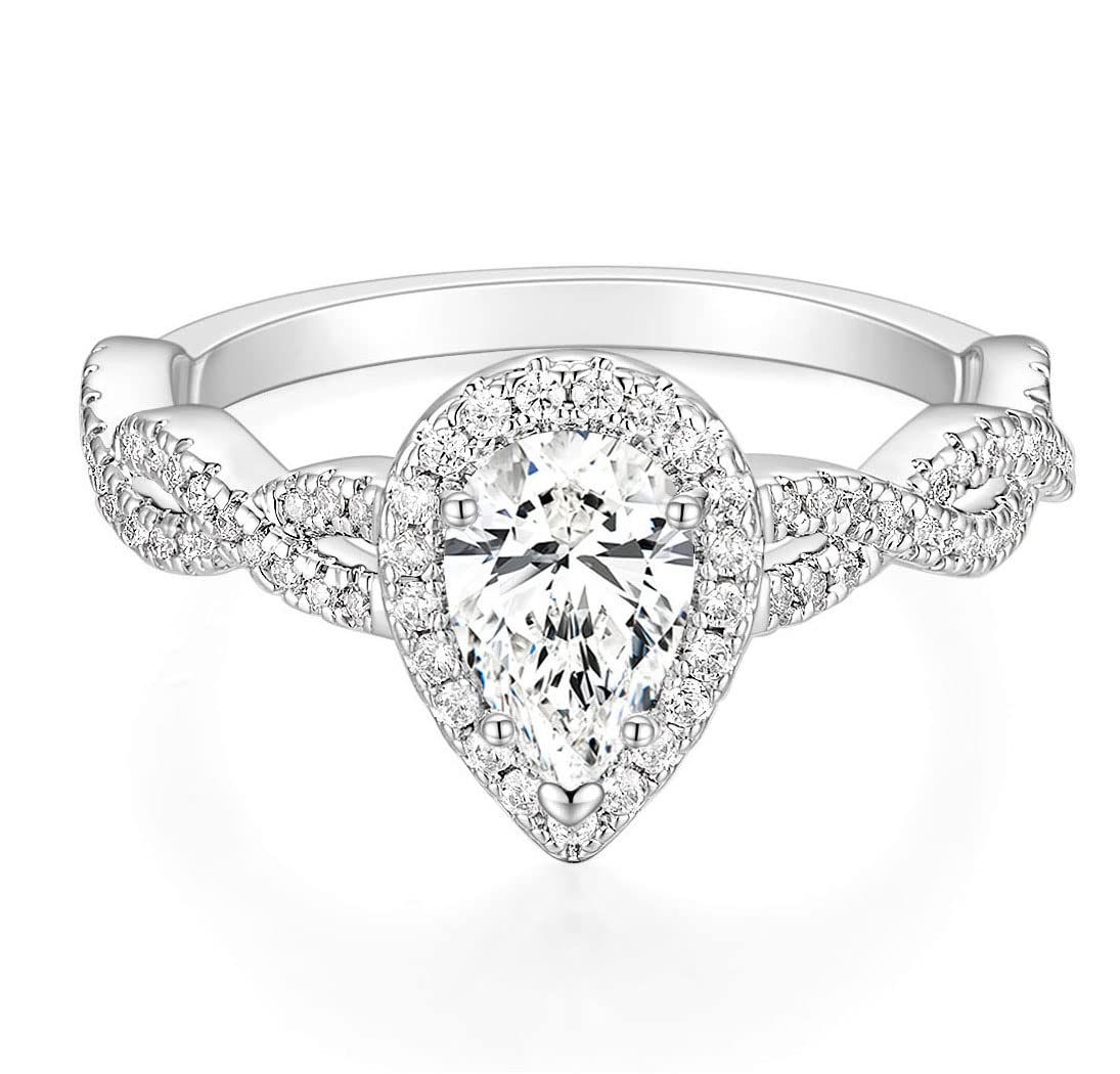 TIGRADE 1.5CT Engagement Ring for Women Teardrop Cubic Zirconia Wedding Band Halo Twisted Pear CZ Promise Anniversary Ring Size 3-12, Silver, Size 3
