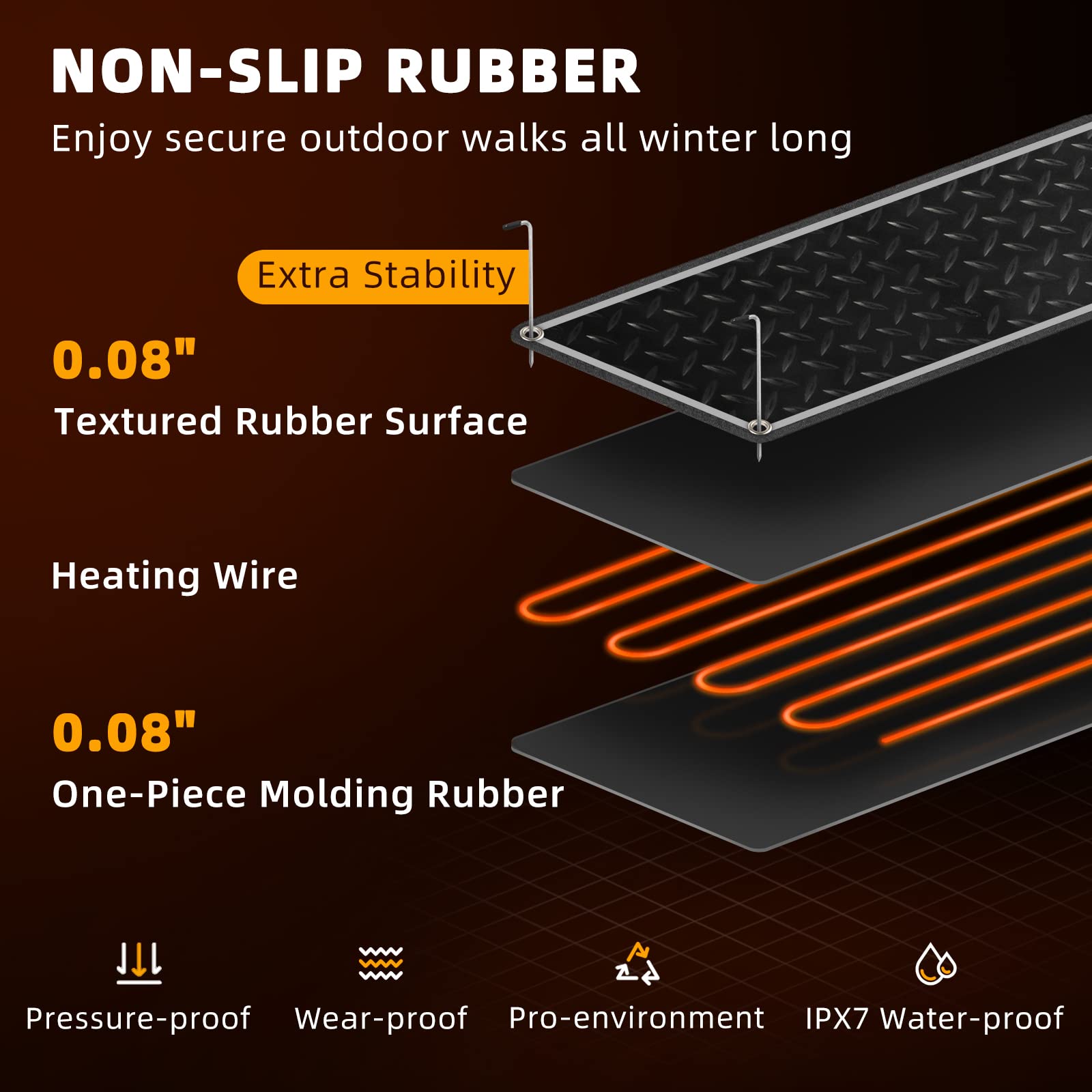 VEVOR Snow Melting Mat, 10 x 48 inch, 3 in/h Speed, Heated Outdoor Doormat for Winter Stairs, No-Slip Rubber with Plug, Power Cord, Outlet Timer, Reflective Strip, Velcro, Ground Stake, 10β x 48"