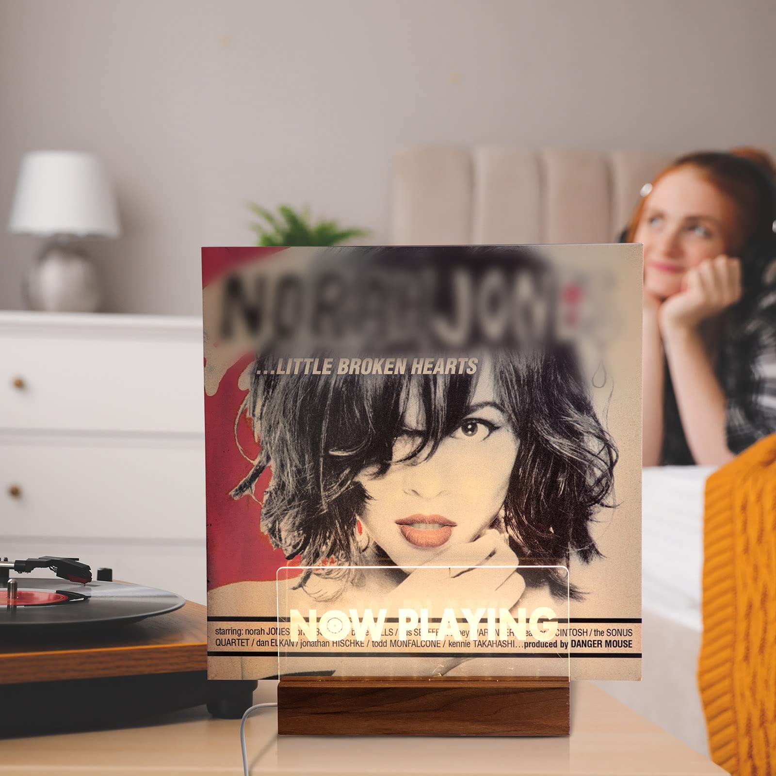 Marsui 2 Pieces Now Playing Vinyl Record Stand with LED Light Vinyl Record Holder up Next Record Display Stand Wooden Rack with Acrylic Panel Tabletop Record Stand Display for Vinyl Record