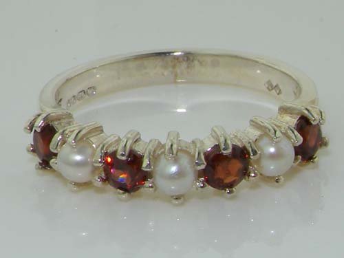 LetsBuyGold 925 Sterling Silver Cultured Pearl & Garnet Womans Eternity Ring - Size 10.25