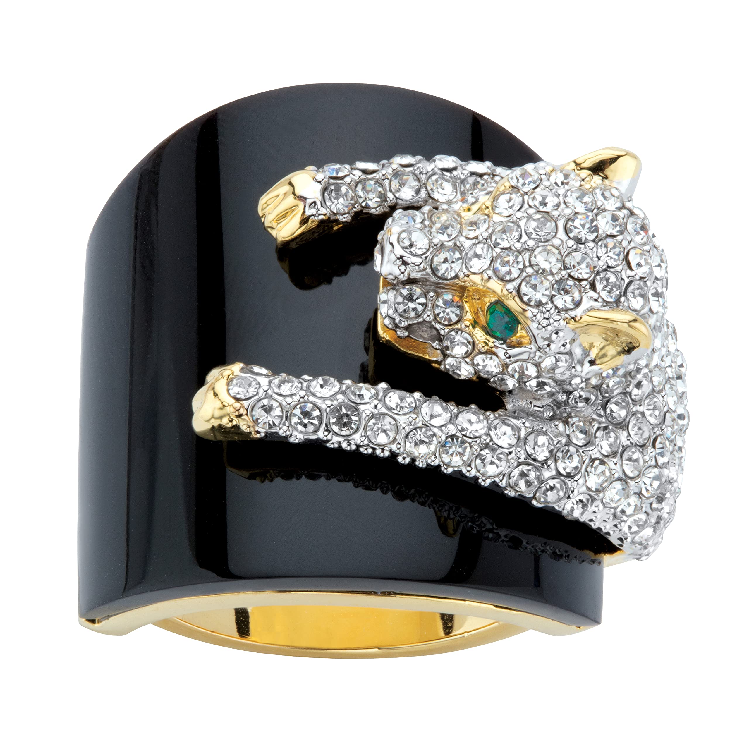 PalmBeach Yellow Gold-Plated Natural Black Onyx and Round Green Crystals Leopard Ring Sizes 6-10 Size 8