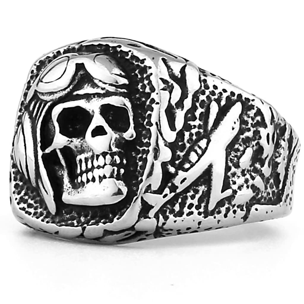 Retro Vintage Stainless Steel Skull Gothic Pirate Pilot Biker Halloween Party Punk Ring (Silver, 12)