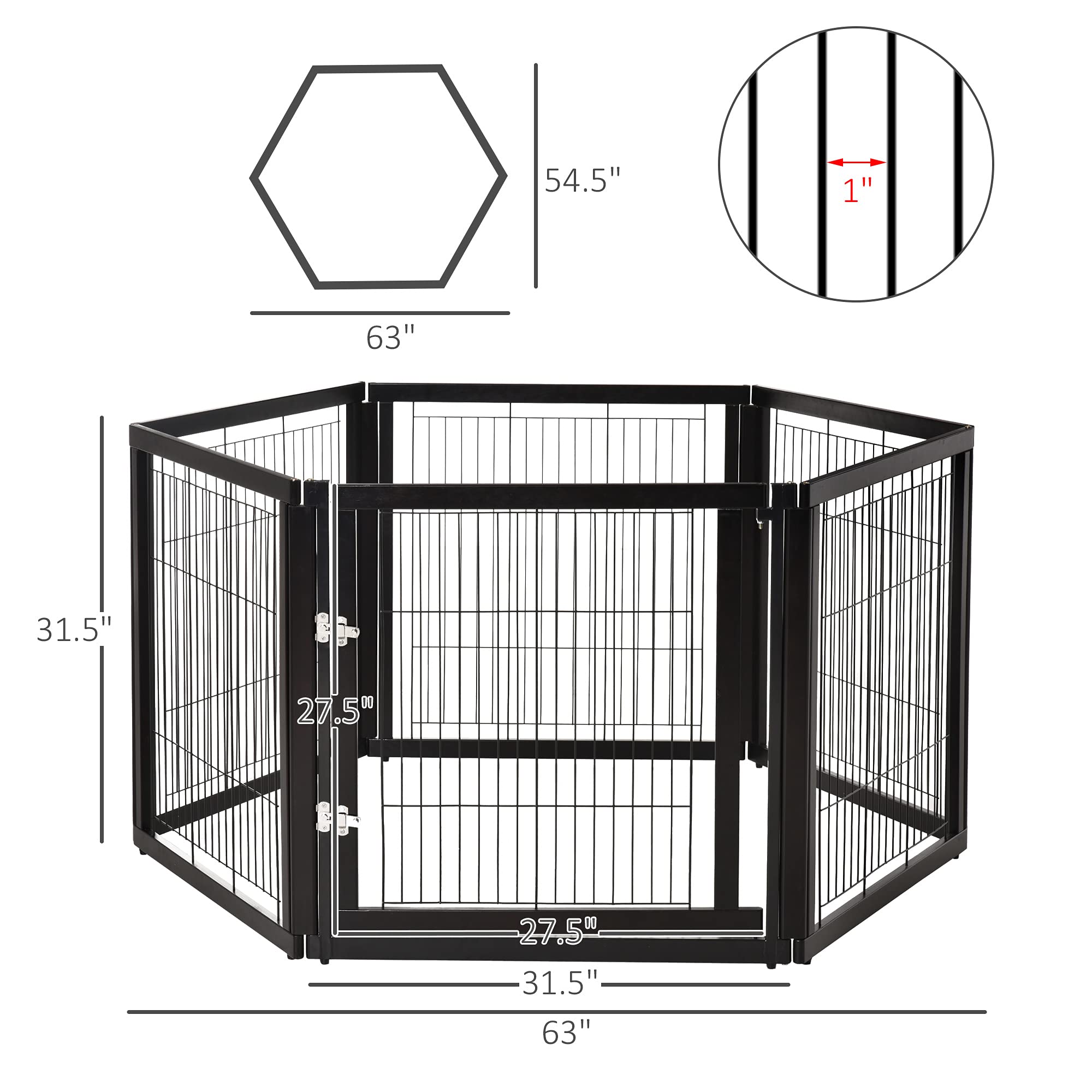PawHut Transformable Pet Playpen 6 Freestanding Panels Gate Fireplace Christmas Tree Fence Stair Barrier Room Divider with Walk Through Door Wooden Frame Metal Mesh Black 63'' x 54.5'' x 31.5''