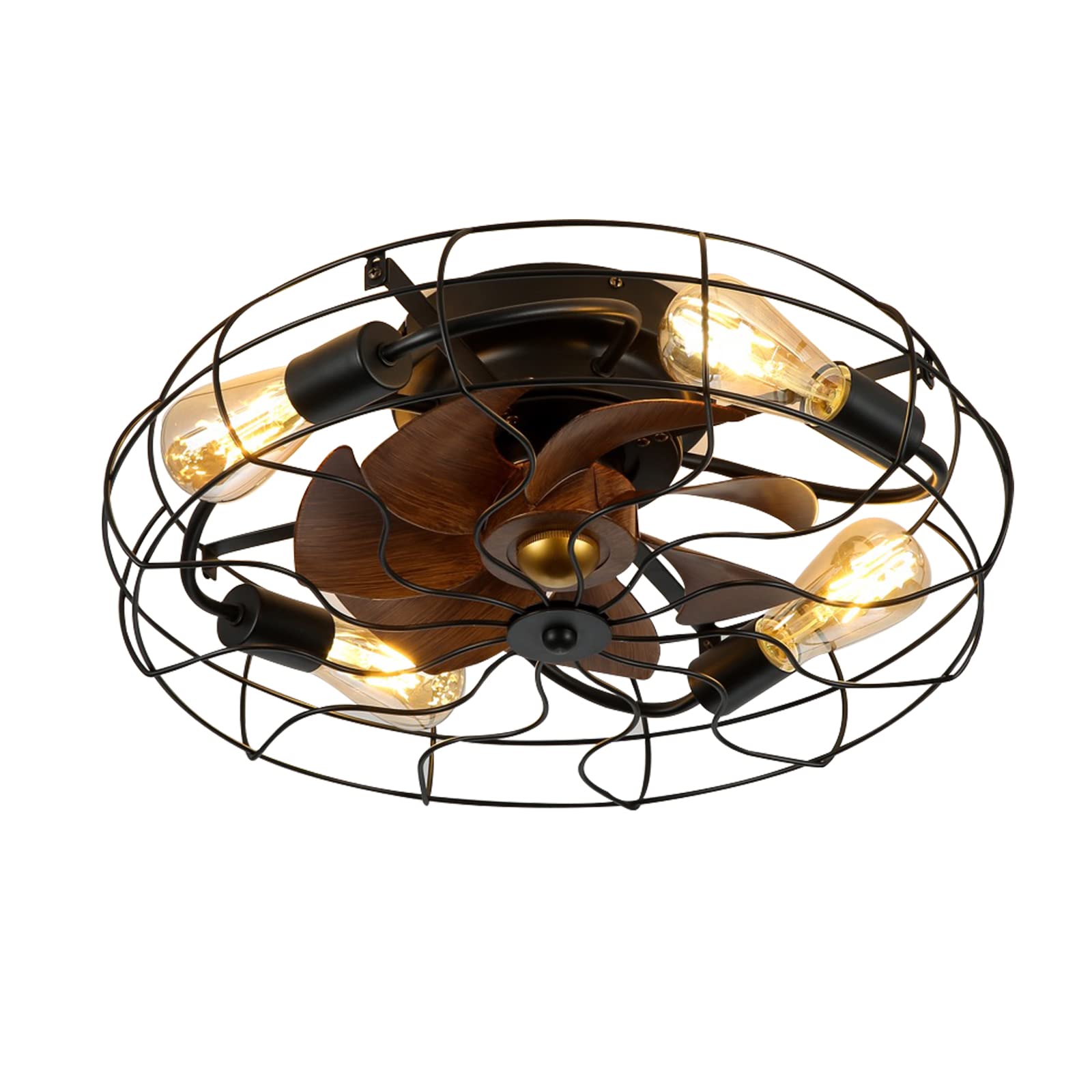 LEMAINET 21'' Caged Ceiling Fan with Lights Remote Control, Industrial Flush Mount Low Profile, Reversible Motor 6 Speeds 1-4 Timing, Farmhouse Bladeless (Black)