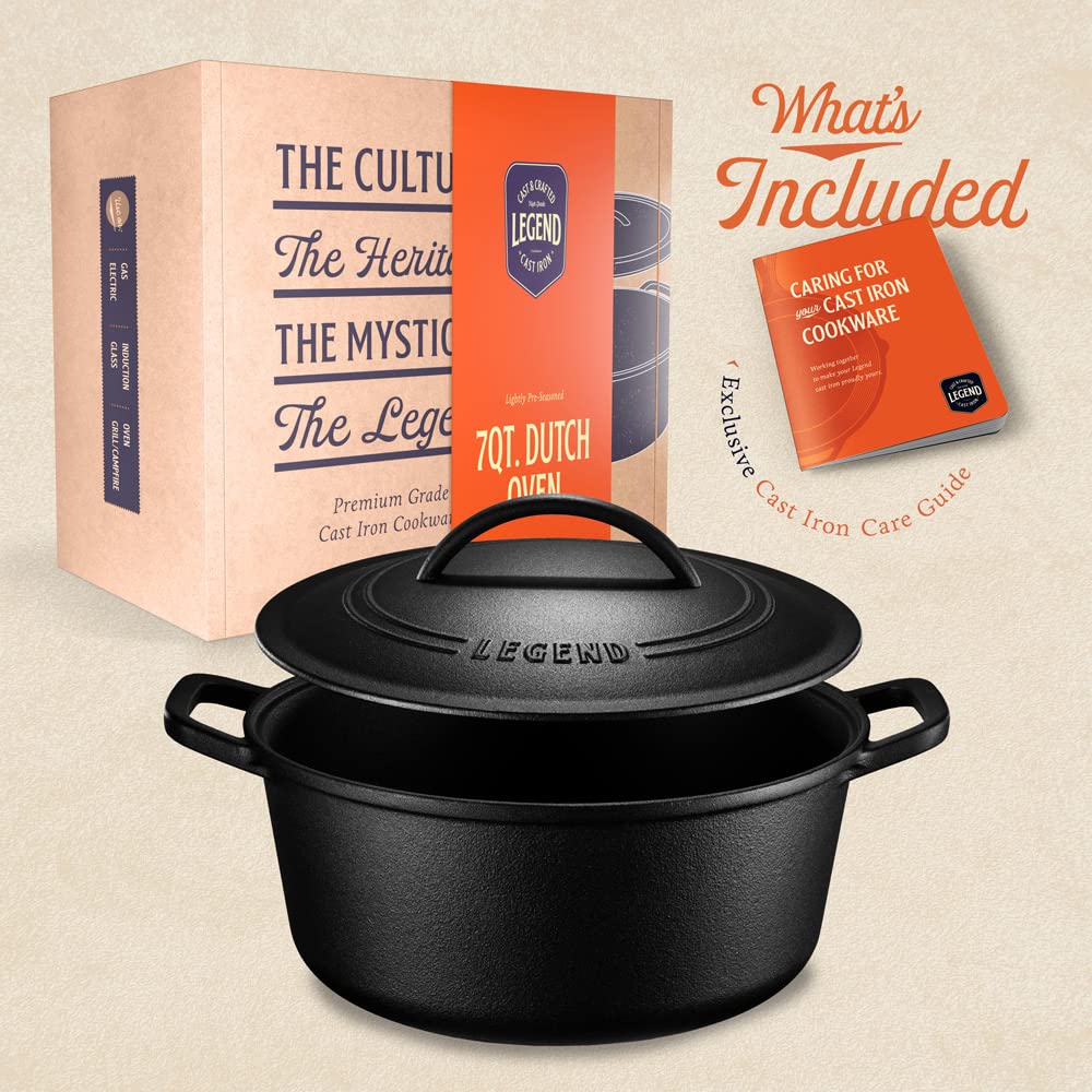 Legend Cookware Cast Iron Dutch Oven | 7qt Heavy-Duty Stock Pot for Frying, Cooking, Baking & Broiling on Induction, Electric, Gas & In Oven | Lightly Pre-Seasoned & Gets Better with Use