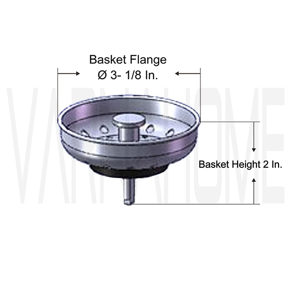 VARNAHOME Kitchen Sink Basket Strainer Replacement for US Standard Drains (3-1/2 Inch), Premium Brushed Stainless Steel Body W/Rubber Stopper 1 Pack