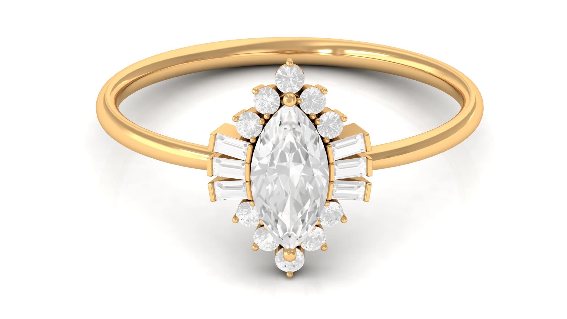 Rosec Jewels 1.25 CT White Sapphire Ring for Women, Antique White Sapphire Halo Ring, White Sapphire Gold Ring, Genuine White Sapphire Ring, 14K Yellow Gold, Size:US 7.50