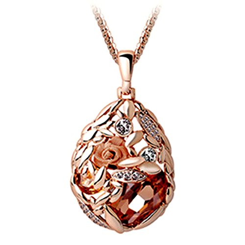 Latigerf Women's Rose Gold Plated Flower Teardrop Champagne Austrian Crystal Necklace Pendant