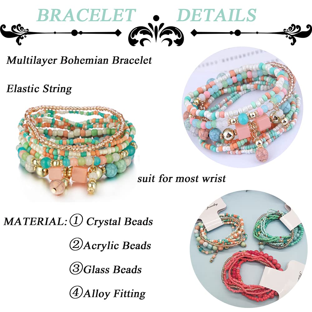 MOZAKA 9 Sets Bohemian Stackable Multilayer Bracelets for Women Stretch Elastic Multicolor Beaded Bracelets Jewelry Set