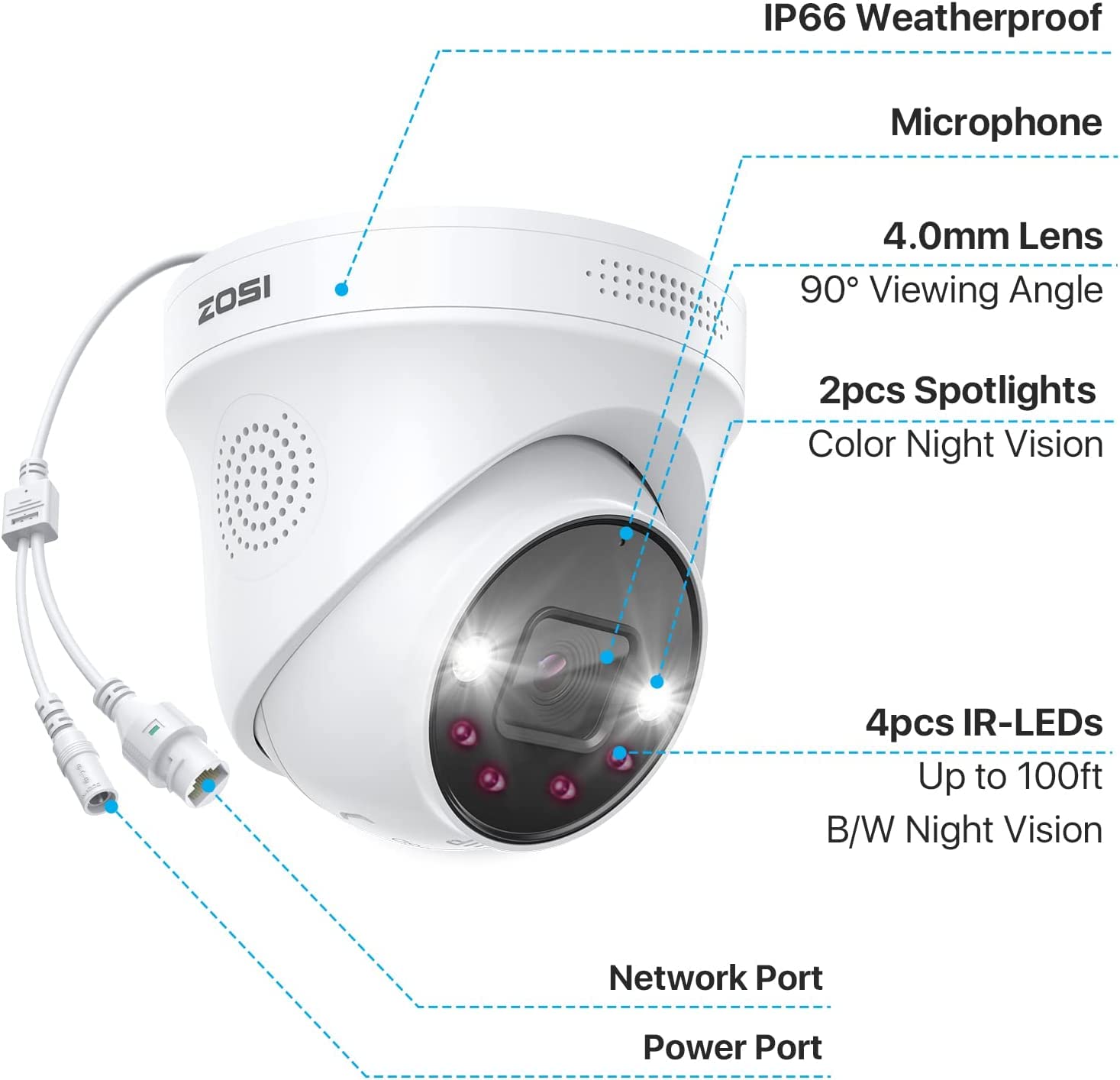 ZOSI 2PK 4K 8MP PoE IP Security Camera with 2PK Ethernet Cable Dome Camera Outdoor,2-Way Talk,Night Vision,Smart Light&Sound Alerts,IP66 Waterproof,Only Work ZOSI 4K PoE NVR