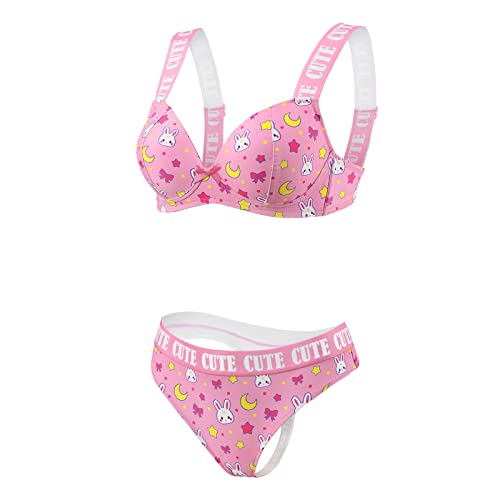 Littleforbig Women Nightwear Strap Sleepwear Cami Top and Thong Bralette Set - Usagi Sporty Pink M