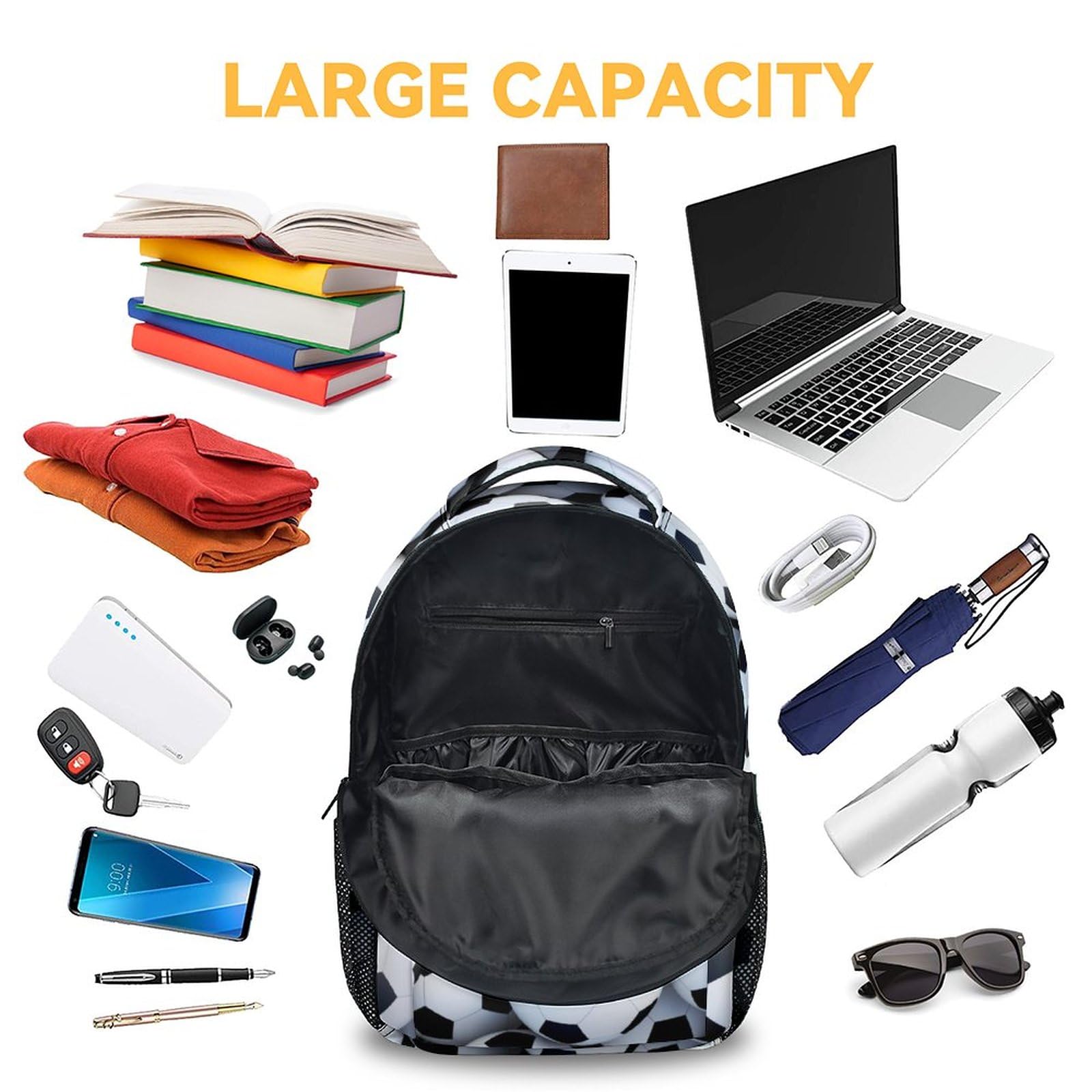 NICEFORNICE Soccer Backpacks Kids, 16 Inch Cute Backpack for School, White Lightweight Bookbag for Boys