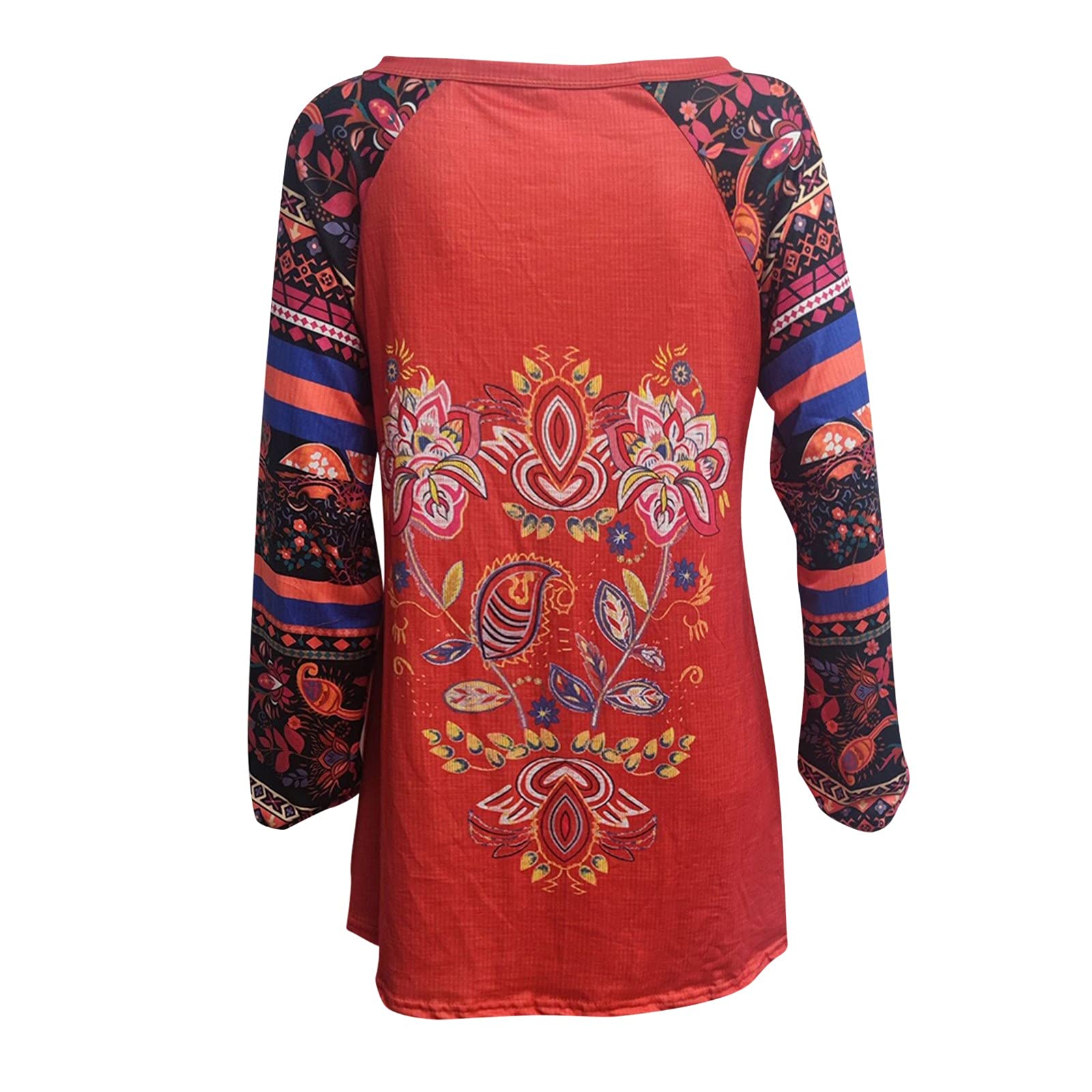 Retro Tops Pattern Printed T-Shirts Long Sleeve V Neck Top Tees Loose Classic Tops Womens Casual Blouse Tops Watermelon Red