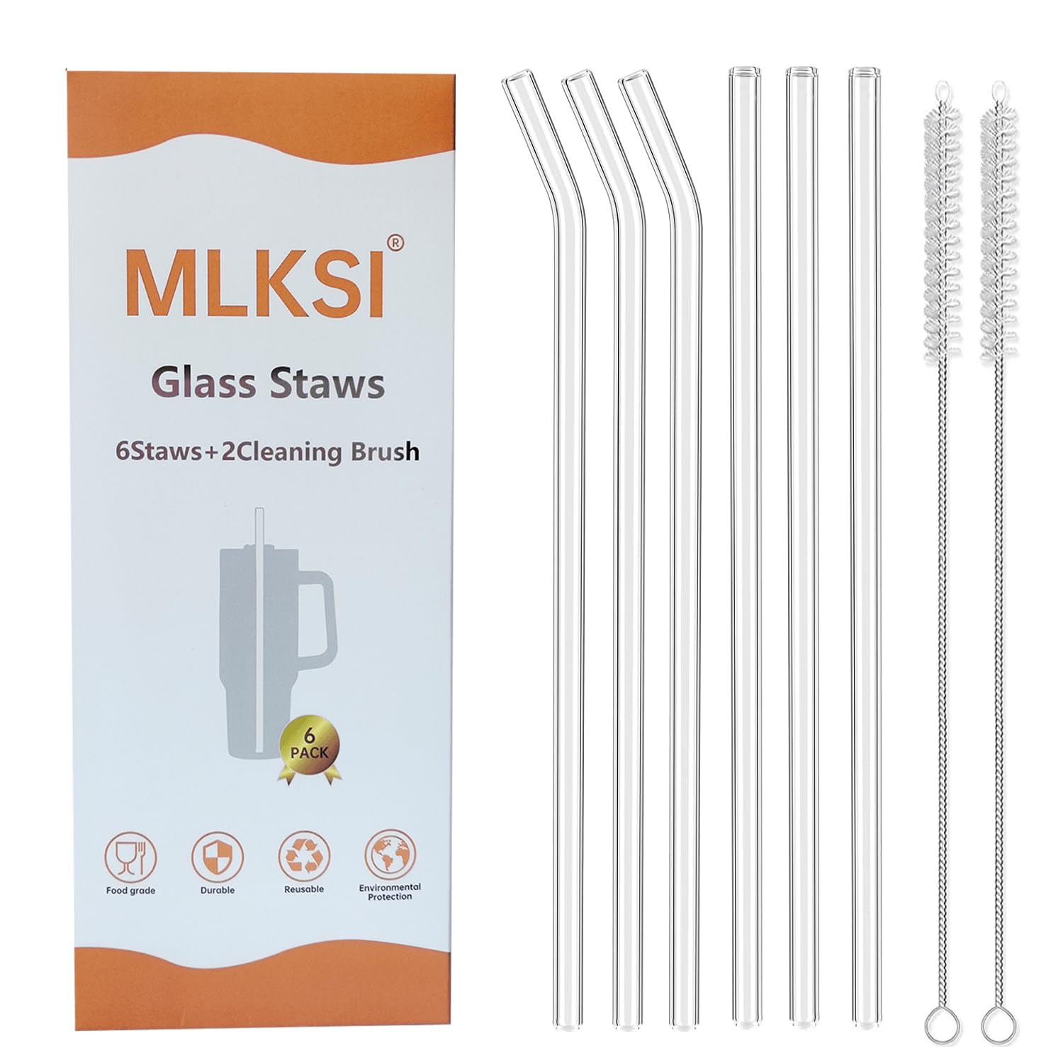 MLKSI Replacement Glass Straws for Stanley Cup Accessories, 8 Pack Reusable Straws with Cleaning Brush Compatible with Stanley 40oz Stanley Cup