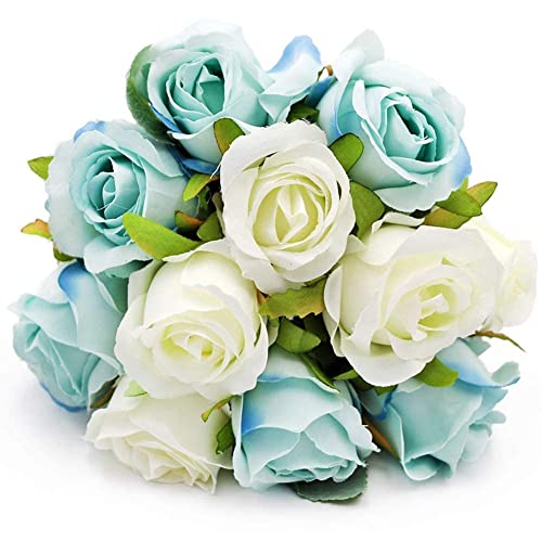 LIUCOGXI 12 Heads Artificial Silk Rose Flowers Bouquet White&Blue for Wedding Party Home Decor