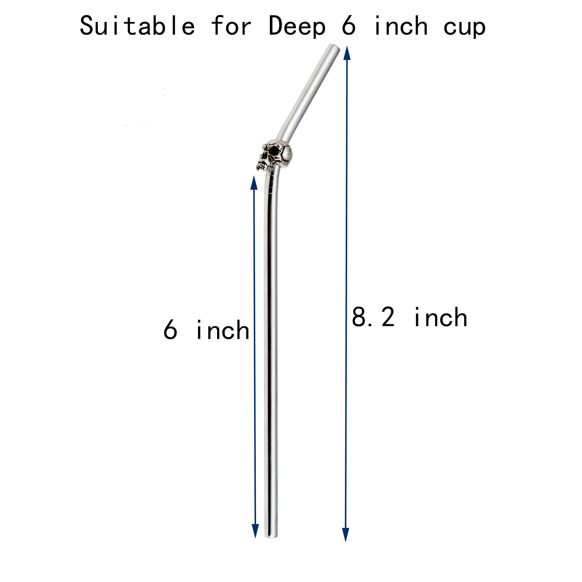 Stainless Steel Straws - 8 Pcs Skull Decor Halloween Reusable Drinking Straws + 2 Pcs Straw Squeegee for Suitable cup depth 6 Inch (Silver Canine Teeth)