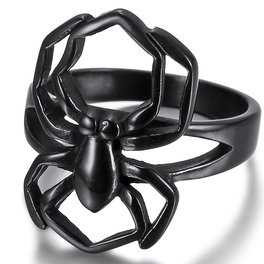 Retro Vintage Stainless Steel Fat Spider Halloween Cocktail Party Biker Ring (Black, 7)