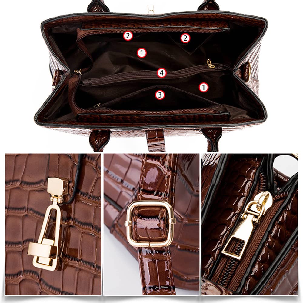 Retro Messenger Lock Bag Fashion Shoulder Handbags Three-piece Bags Crocodile Pattern Purses Female Top Handle Tote (Brown)