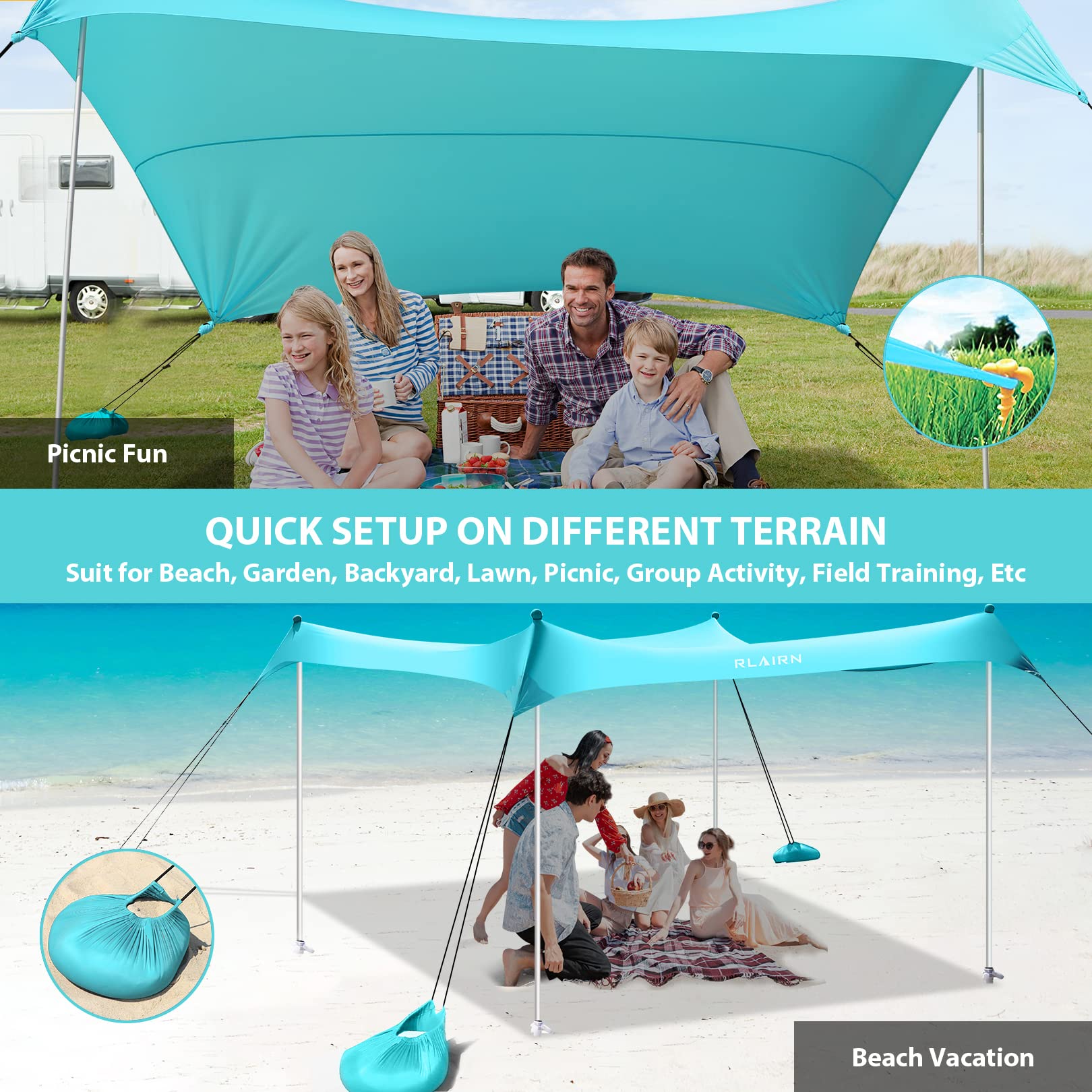 RLAIRN Beach Canopy Tent Sun Shade, RLAIRN Portable Beach Sun Shelter UV Protection Beach Shade Easy Setup with Poles for Beach, Camping, Backyard, Picnics (Turquoise)