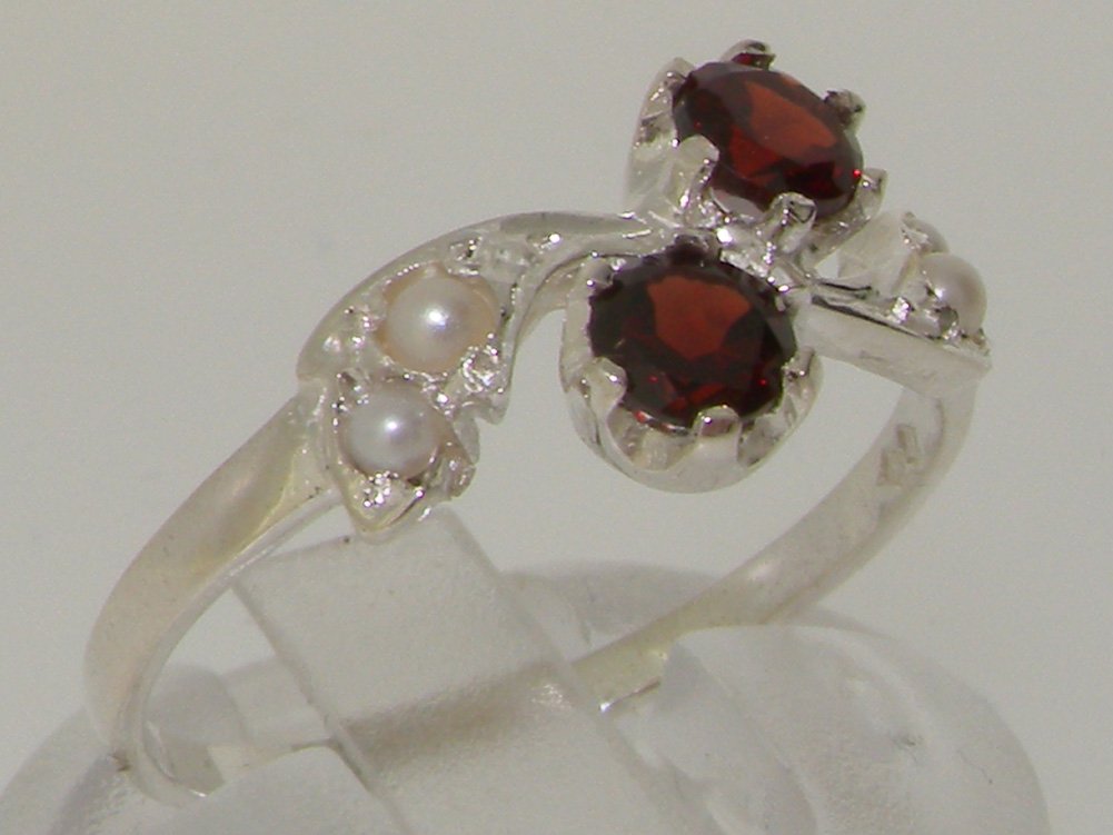 LetsBuyGold 925 Sterling Silver Natural Garnet and Cultured Pearl Womens Band Ring - Sizes 4 to 12 Available