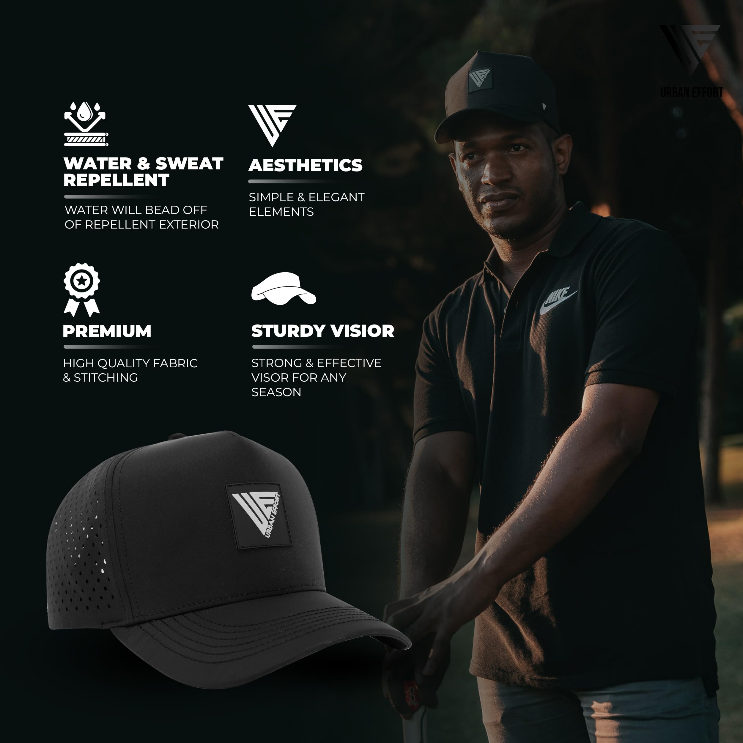 Urban Effort Hydro Performance Hat-Water-Resistant Baseball Cap-Men and Women-Great Snapback for Golf, Adventure,Lake,Workout (Black, Curved Bill)