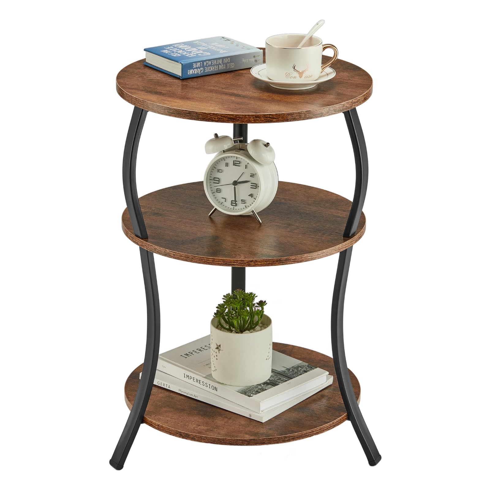 YEAKOO Round Side Table, 3-Tier Waist End Table with Storage Shelf, Side Tables Living Room,15.75x24’’Round End Table, Sofa Side Table, Snack Table TV Tray Table, Vintage Nightstand for Bedroom,Brown