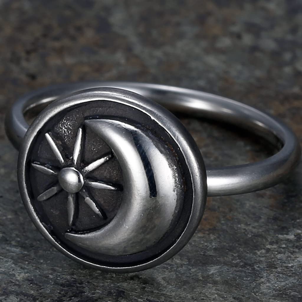 Retro Vintage Stainless Steel Sun Moon Signet Pinky Party Holiday Wedding Statement Promise Ring (Silver, 9)
