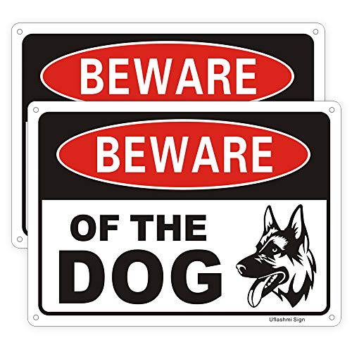 Uflashmi Beware of Dog Sign for Fence Yard, Dog Warning Sign, Aluminum Metal, 2 Pack, 7x10 inch