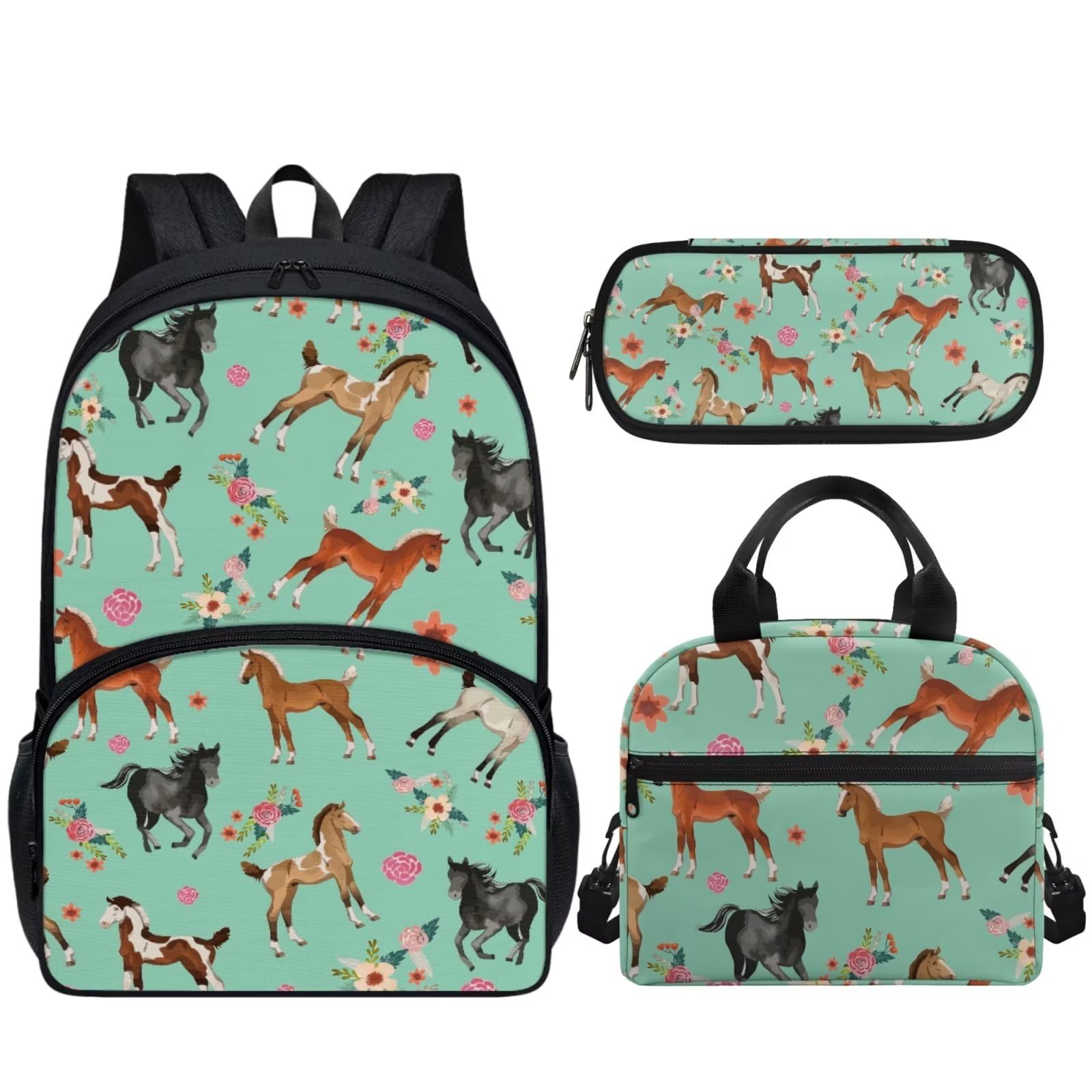 Parprinty Cute Girls Backpack with Lunch Box Pencil Case Multi Pockets Large Green Floral Horse School Backpack and Lunch Bag Set for Girls Student Lightweight Basic Comfy Book Bag 17 Inch