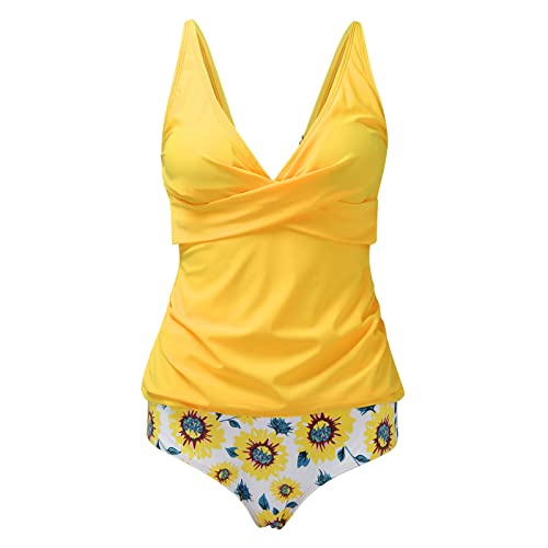 Women Two Piece Swimsuits, Floral Printed Swimdress with Shorts Conservative Drawstring Back Tankini Set