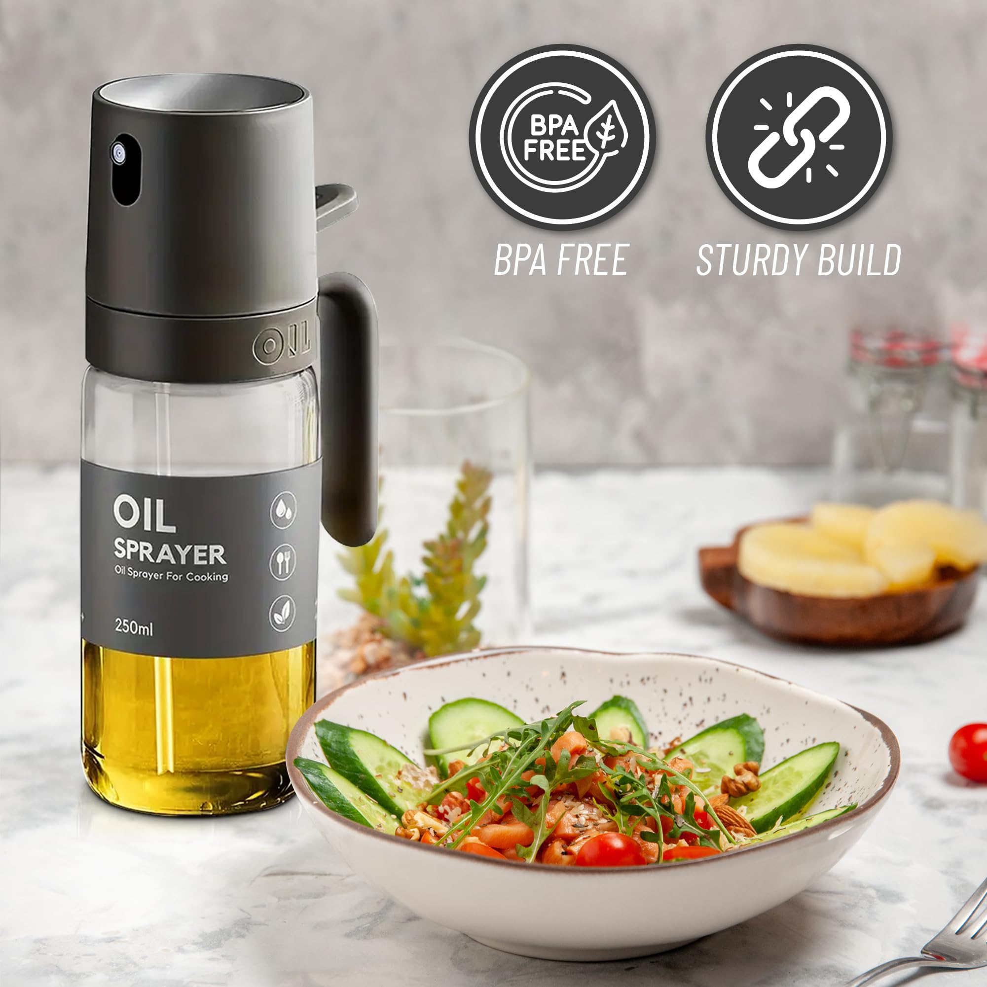 VuseOne Oil Sprayer Kitchen Gadget for Cooking High Borosilicate Glass Oil Sprayer Mister, 250ml Olive Oil Spray Bottle for AirFryer, Salad, BBQ, Kitchen Baking, Roasting, Dark Gray