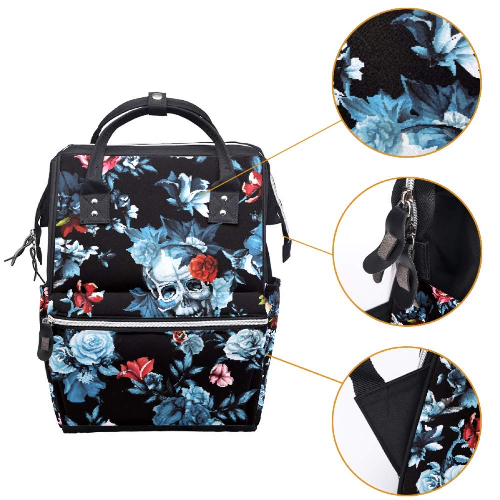 LORVIES Flowers Skulls Changing Pad Diaper Bag Maternity Baby Nappy Backpack