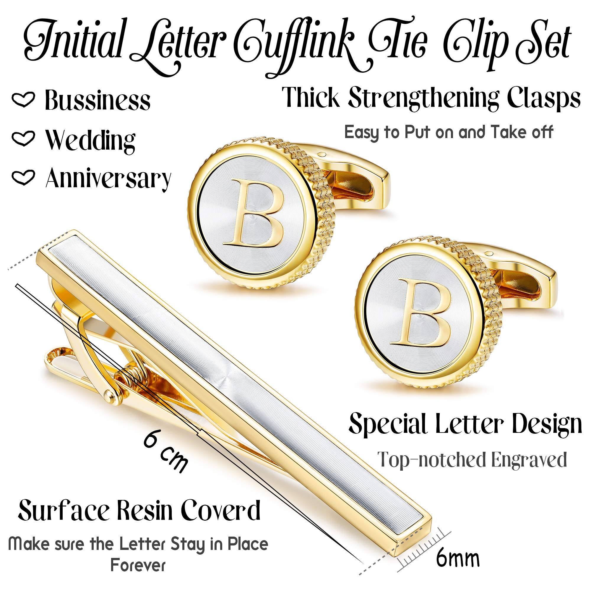 LOLIAS Mens Cufflinks Tie Bar Clip Set Alphabet Letter Cufflinks Formal Business Wedding Shirts Gift Box,B