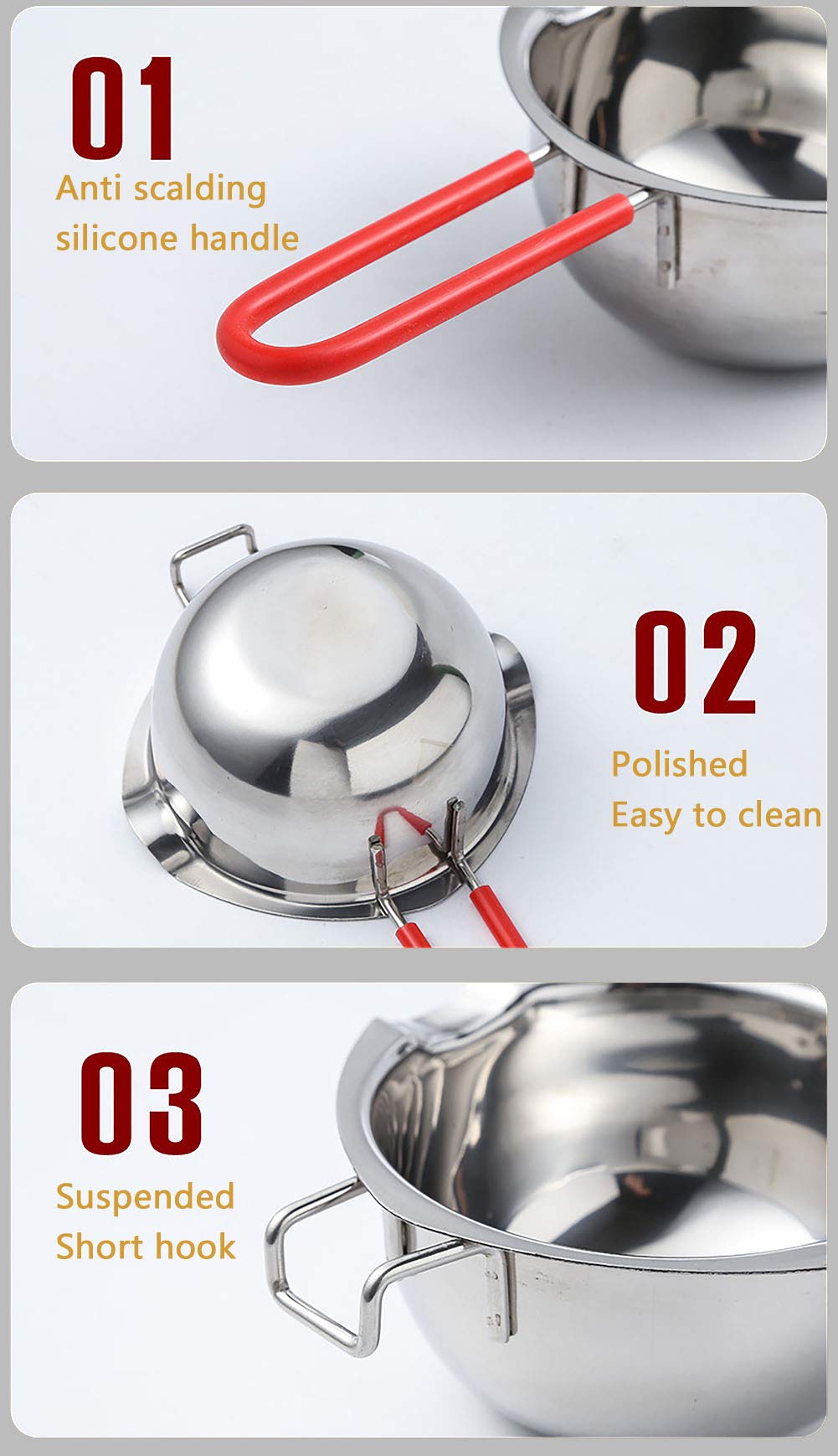 Stainless Steel Double Boiler Pot, 600ML Updated Melting Pot with Silicone Spatula for Melting Butter,Chocolate, Candy, Cheese and Caramel (Red)