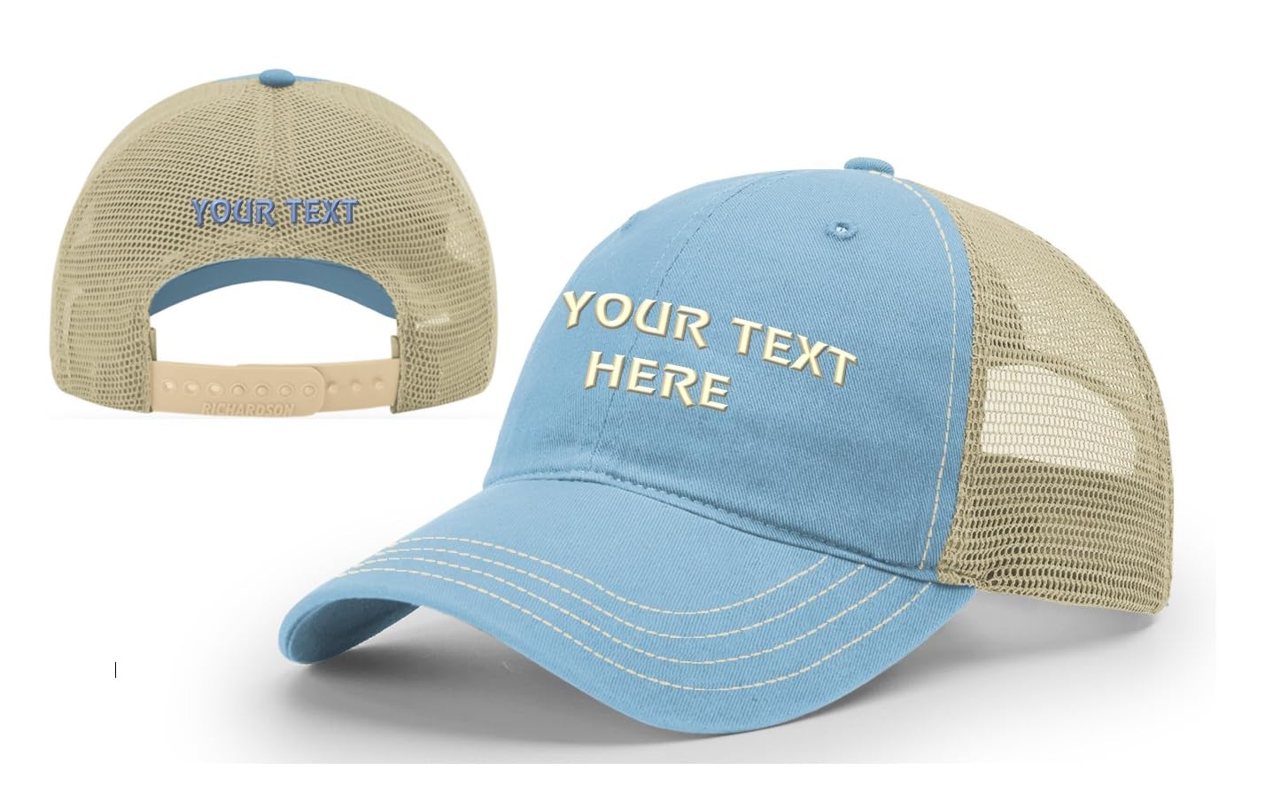 Richardson Garment Washed Relaxed Soft Crown Mesh Back Trucker Hat with Custom Personalized Text Front & Back 111 (Black/Khaki)