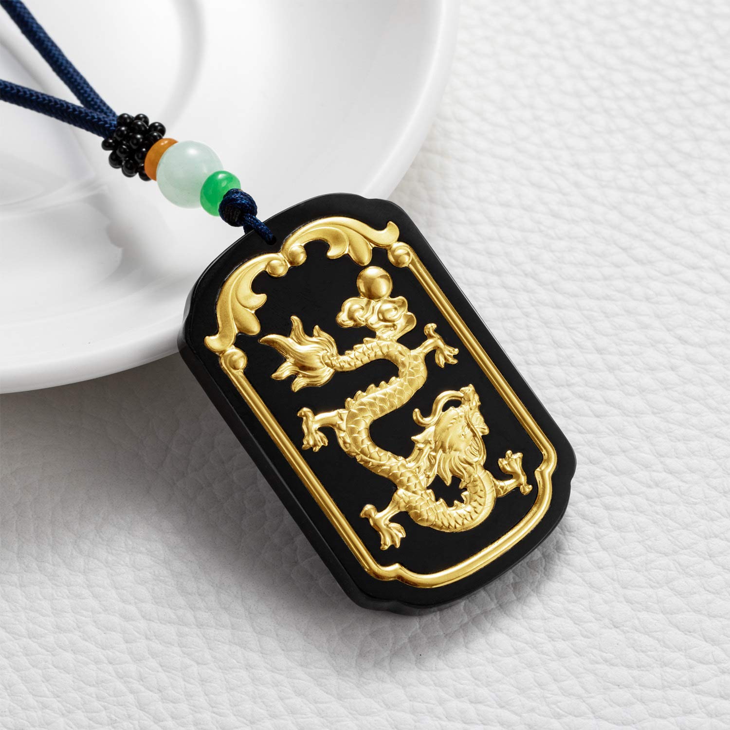 Natural Nephrite Jade Dragon Necklace Pendant Inlaid with 22K Gold Good Luck Charm Jade Jewelry(Dragon)