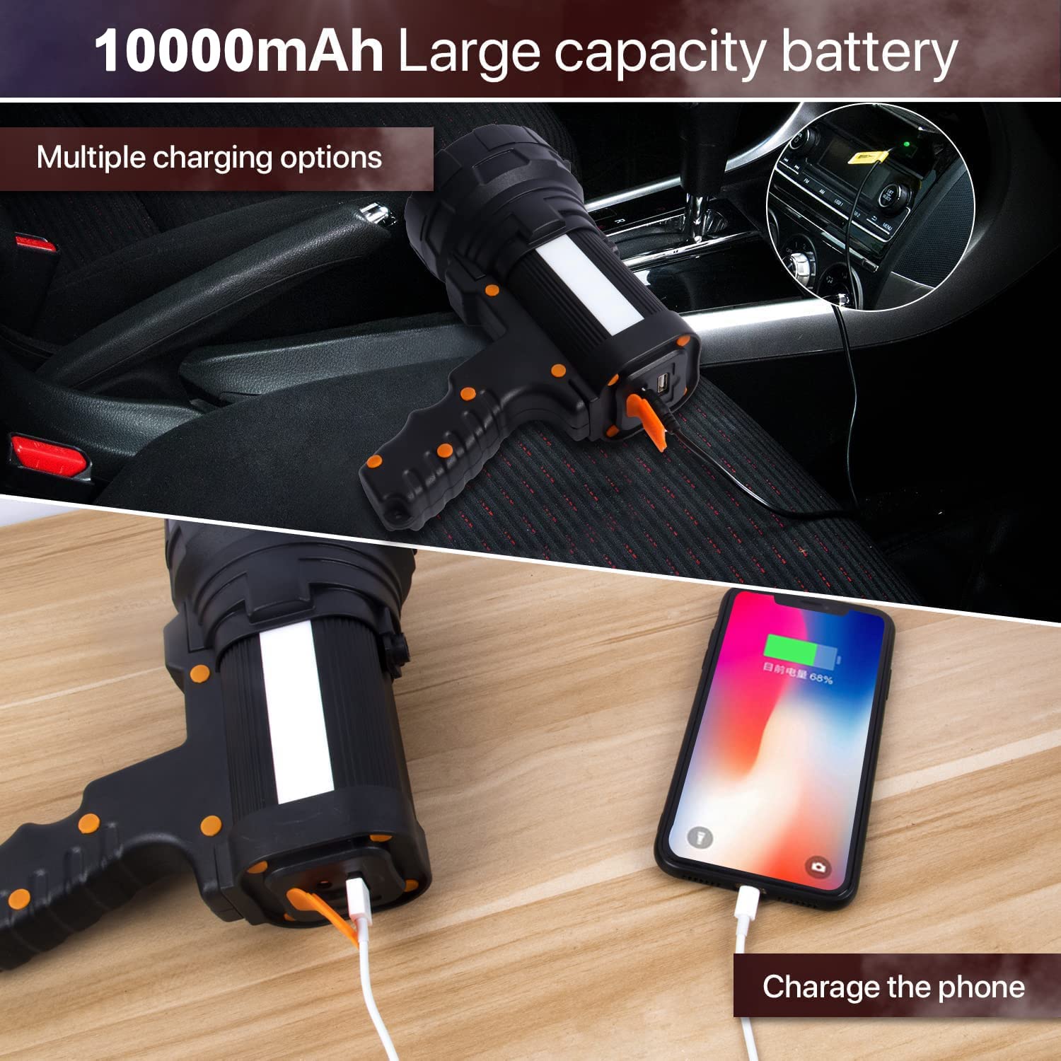 Rechargeable Spotlight, 10000 Lumens Led Spot Lights, Super Bright Handheld Flashlight with 10000mAh Power Bank&Warning Lamp, IP65 Waterproof Outdoor Searchlight Camping Hunting