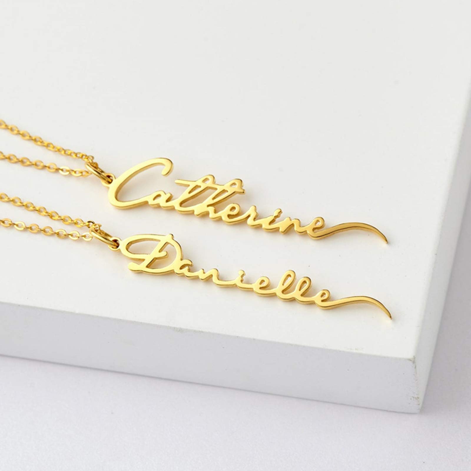 MRENITE 10k 14k 18k Solid Yellow Gold Personalized Vertical Name Necklace β Dainty Letter Engraved Bar Nameplate Jewelry - Custom Any Name Gift for Women (Small Nameplate)