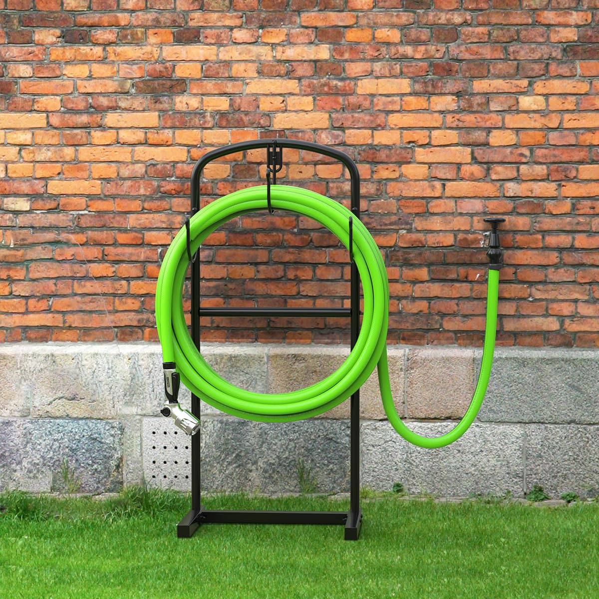Venkuber Garden Hose Holder, Freestanding Water Hose Stand with Hanger Hooks Hose Rack for Yard Outside, Black
