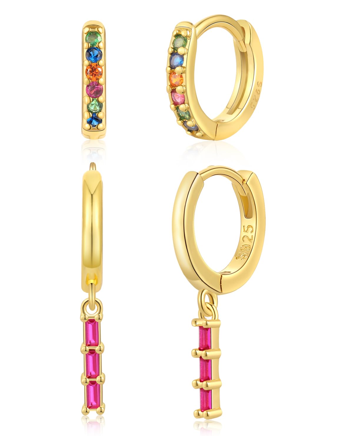 RLMOON 2 Pairs 14K Gold Plated Huggie Drop Earring for Women Sterling Silver Post CZ Stud Huggie Earring Gold Small Dangle Hoop Baguette Earring Set (Gold)