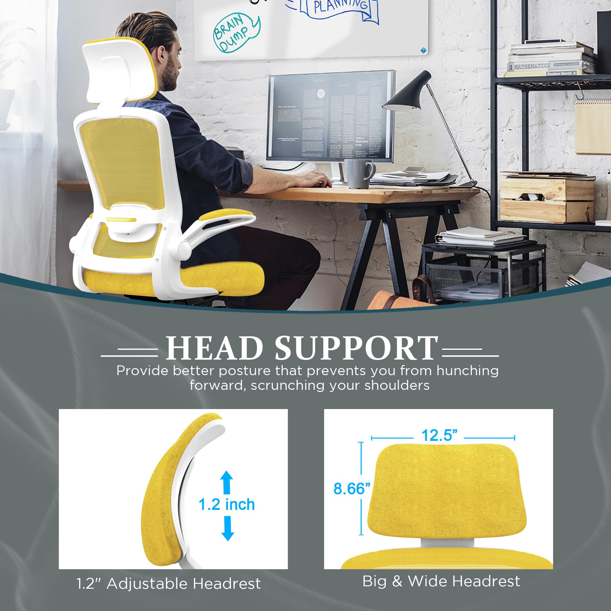 Mimoglad Home Office, High Back Ergonomic Desk Adjustable Lumbar Support and Headrest, Swivel Task Chair with flip-up Armrests for Guitar Playing, 5 Years Warranty, Jasmine