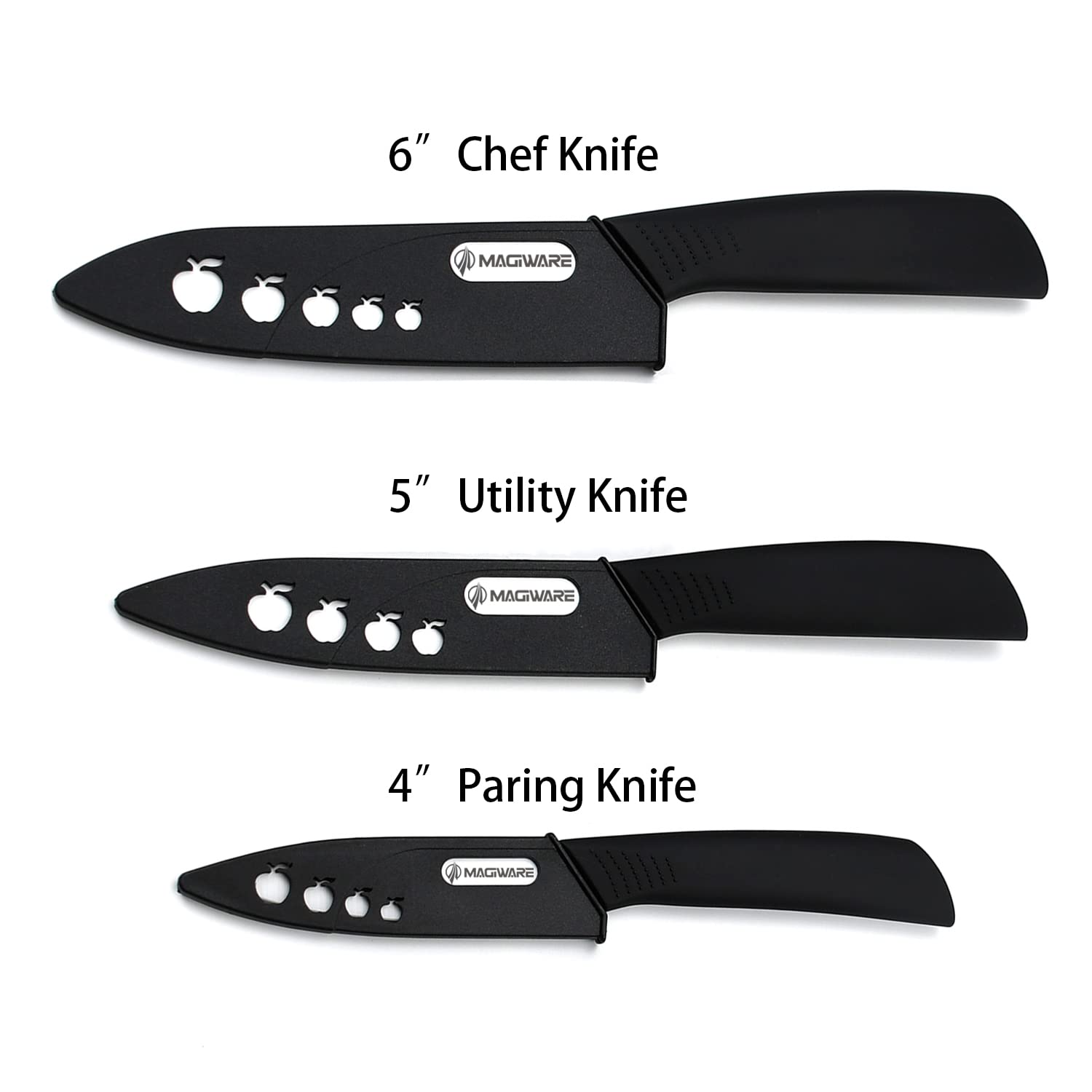 Magiware Classic 3PCS Ceramic Knife Set with Cover, Super Sharp Never Rust Healthy (6" Ceramic Chef Knife, 5" Solution Knife,4 "Classic Paring Knife)