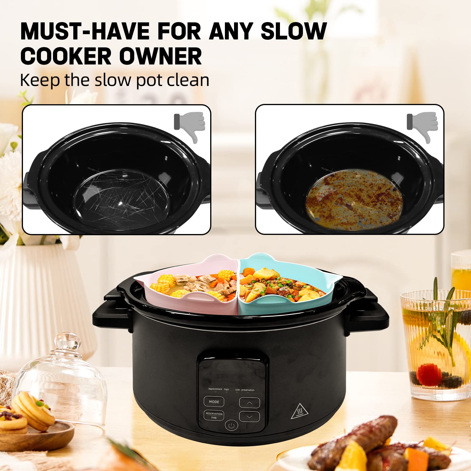 Silicone Crock Pot Liner-Crockpot Divider Insert Fit 6-8 Quarts, Reusable Slow Cooker Silicone Liner, Foldable&Dishwasher Safe (Blue+Pink)
