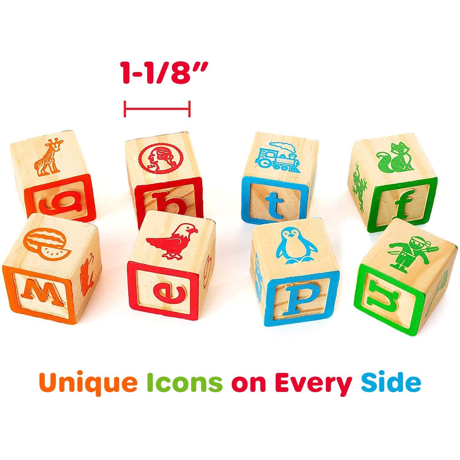 Oaktown Supply Building Blocks for Toddlers 1-3 Years Old, 30 Large Stackable Wooden Baby Blocks with Alphabet and Number Icons on Every Side, Toy Wagon Included