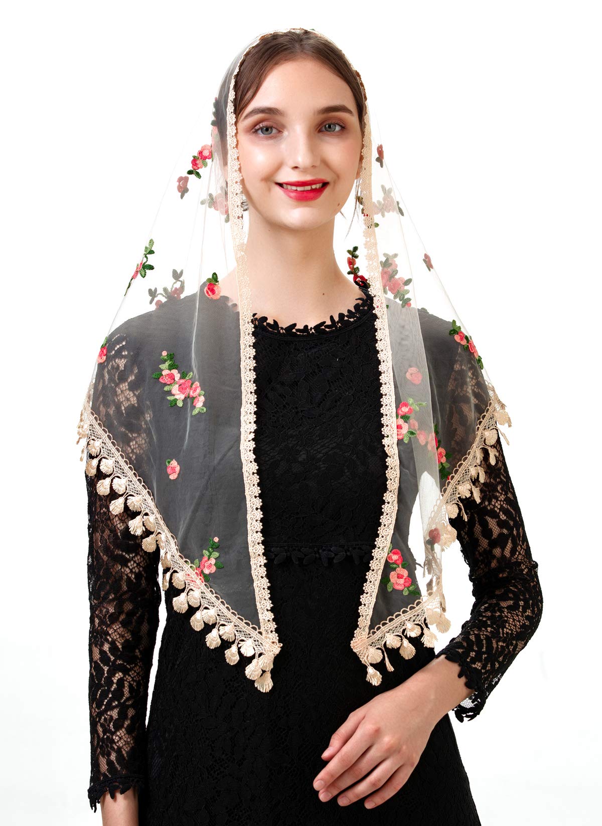 PAMOR Triangle Little Flower Chapel Veils Embroidered Scarf Shawl Latin Mass Head Covering Mantilla Veil for Church (Champagne Rose)