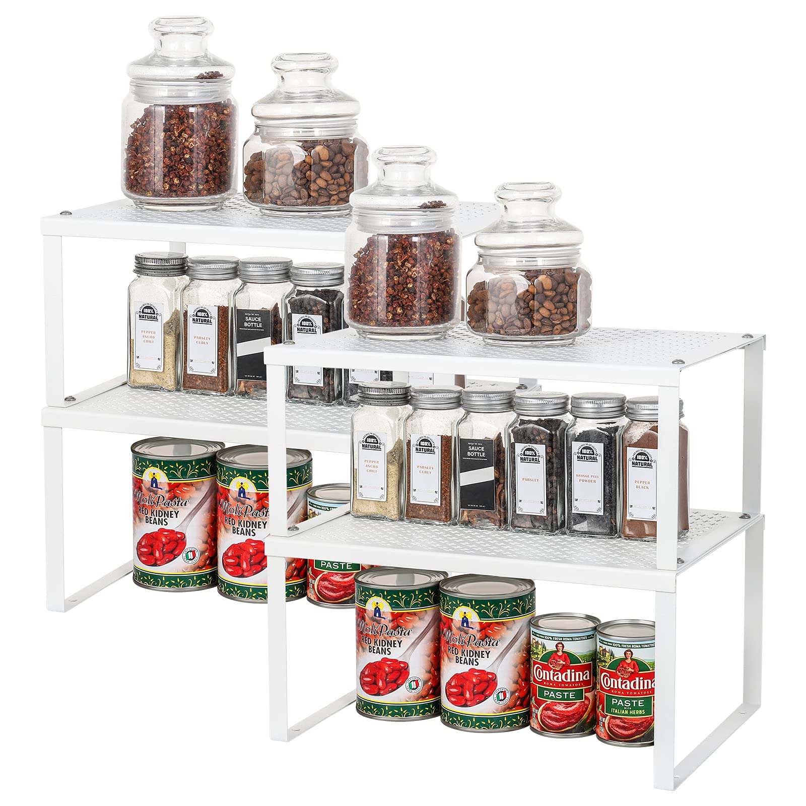 MOOACE Cabinet Shelf Organizers Set of 4, Kitchen Cabinet and Counter Shelves, Kitchen Storage Shelves Expandable Stackable, White
